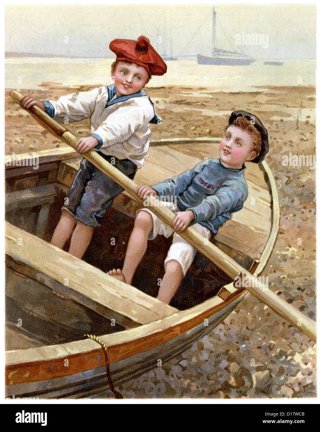 Victorian lithograph of two young boys playing at being sailors , 1897 ...
