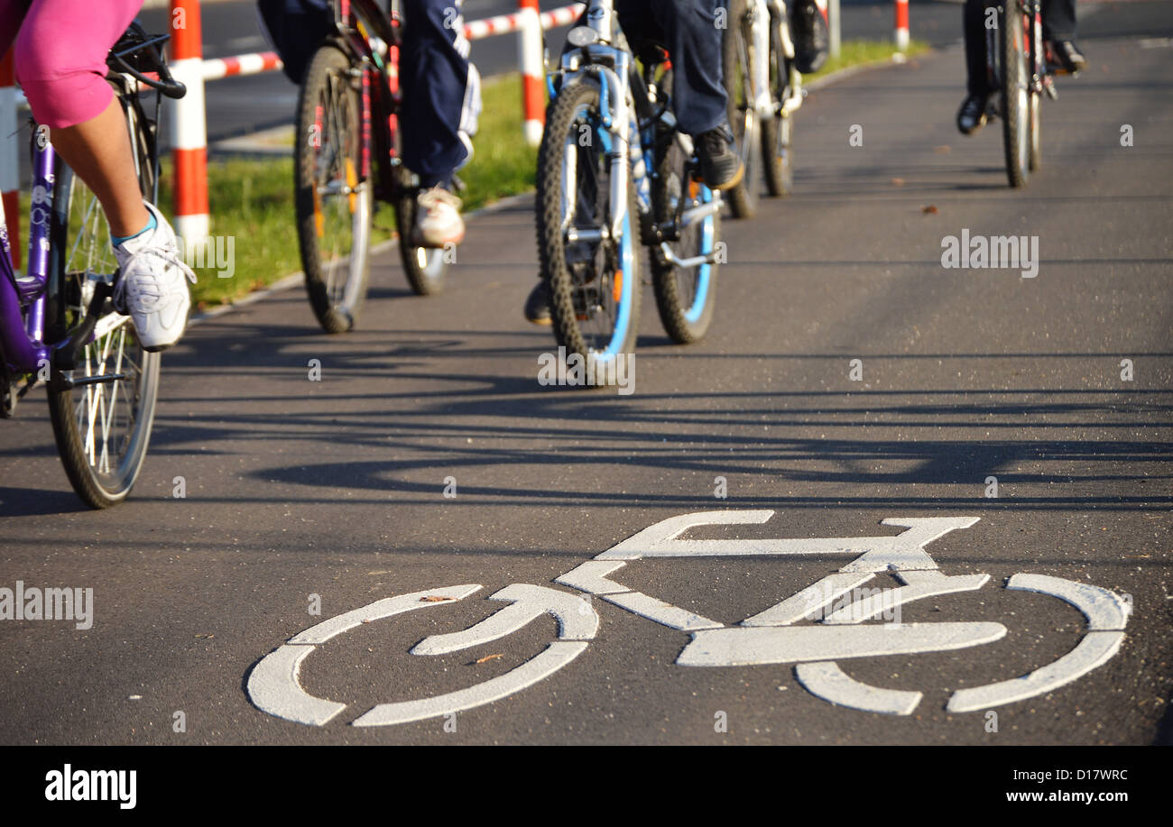 Bicycle road sign on asphalt. Leisure activities Stock Photo - Alamy