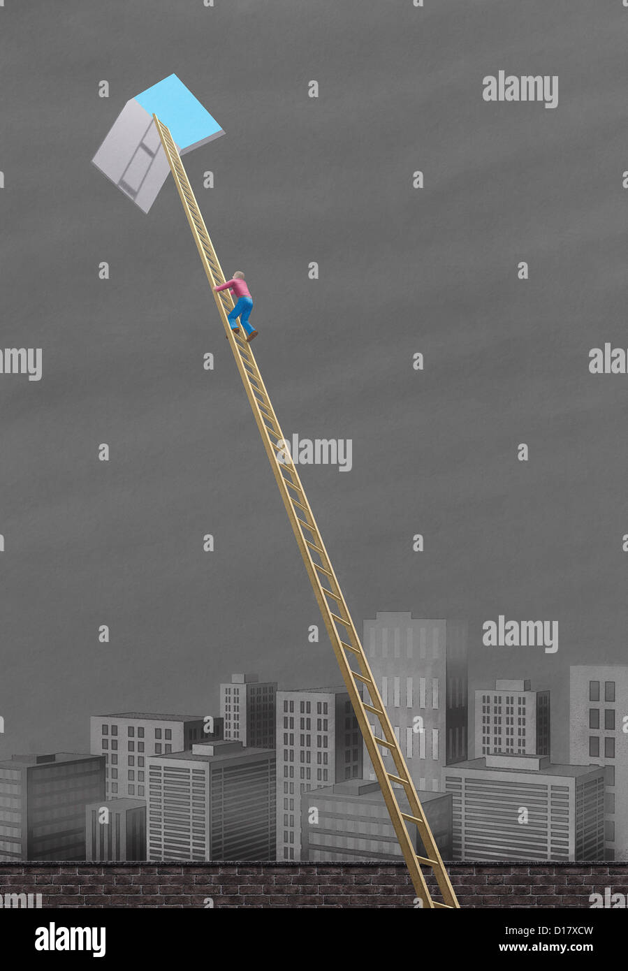Unique surreal illustration of man escaping gray, dreary city by ...