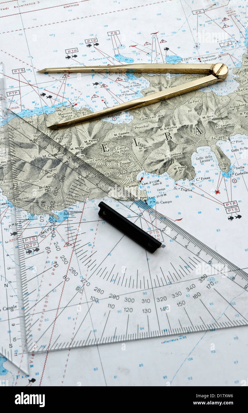 Italy, Elba Island nautical map and compass Stock Photo - Alamy