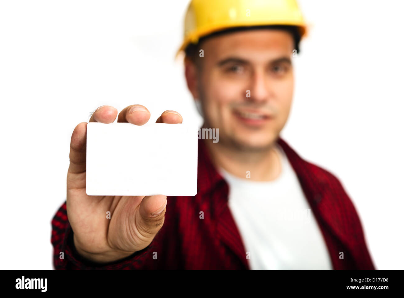 Construction worker holding a blank business card, business ...