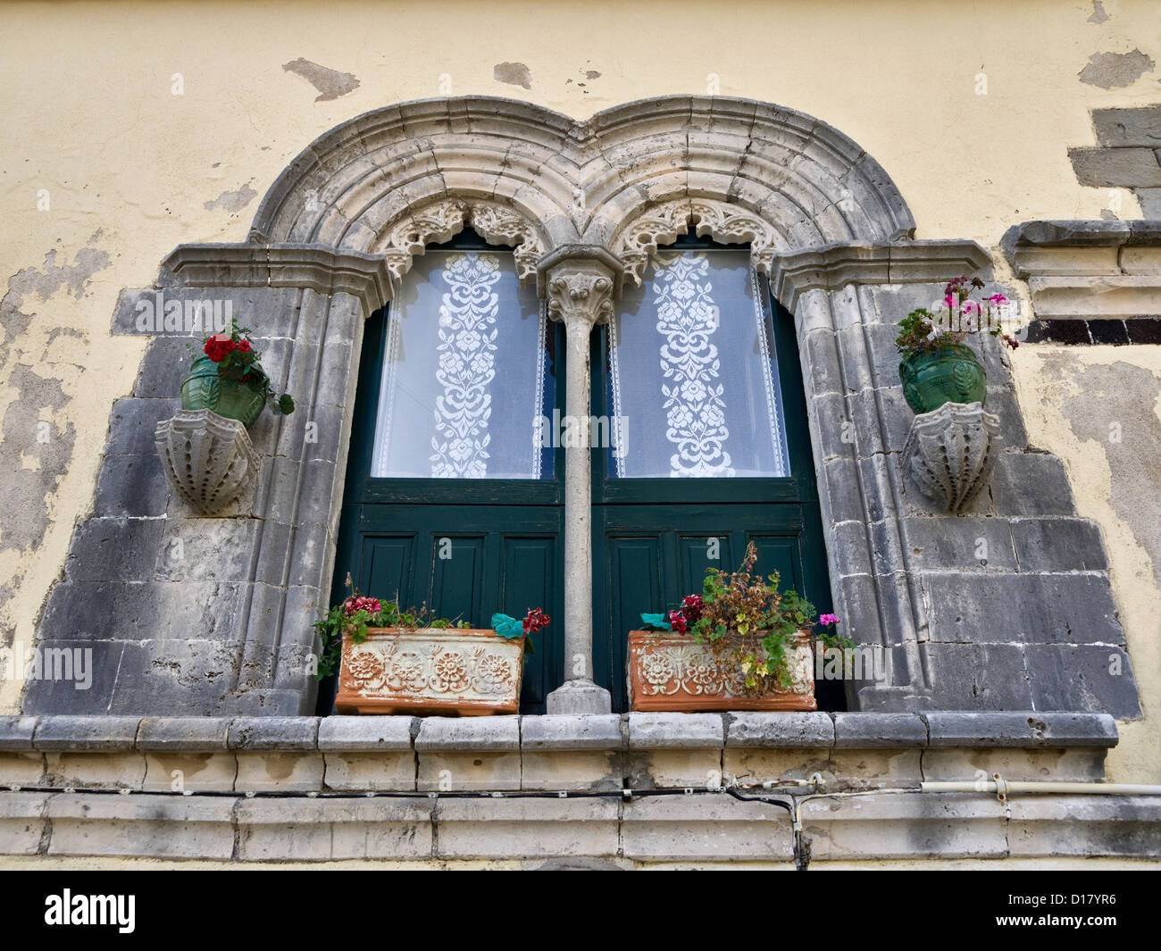 Italy, Sicily, Savoca (Taormina), old stone double lancet window Stock ...
