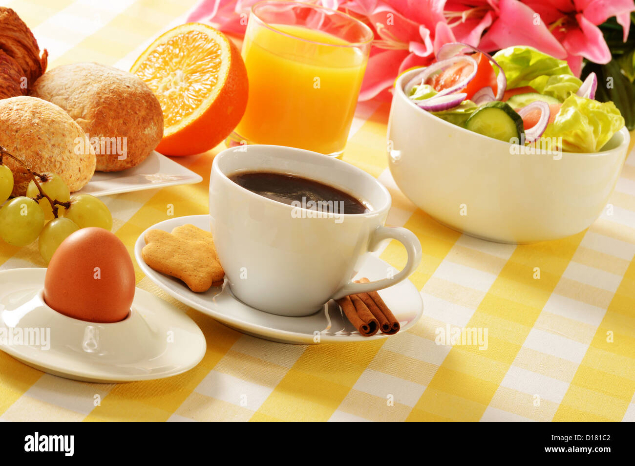 Composition with breakfast on the table Stock Photo - Alamy