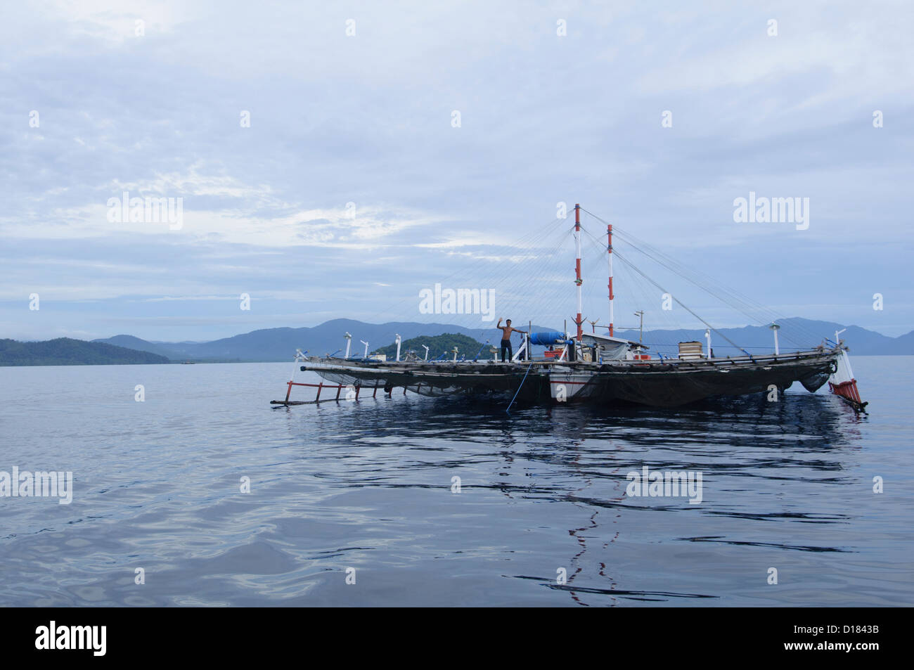 A bagan, a type of traditional fishing vessel, Cendrawasih Bay, Papua ...