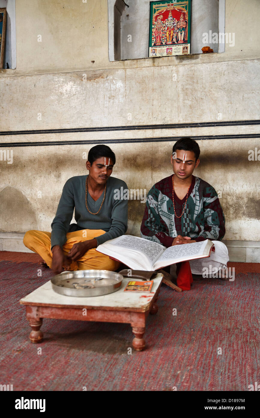 India, Rajasthan, Jaipur, two indian boys read a religious book in an ...