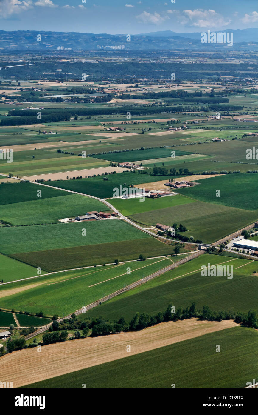 Italy, Piemonte, countryside, aerial view of farmhouses and cultivated ...