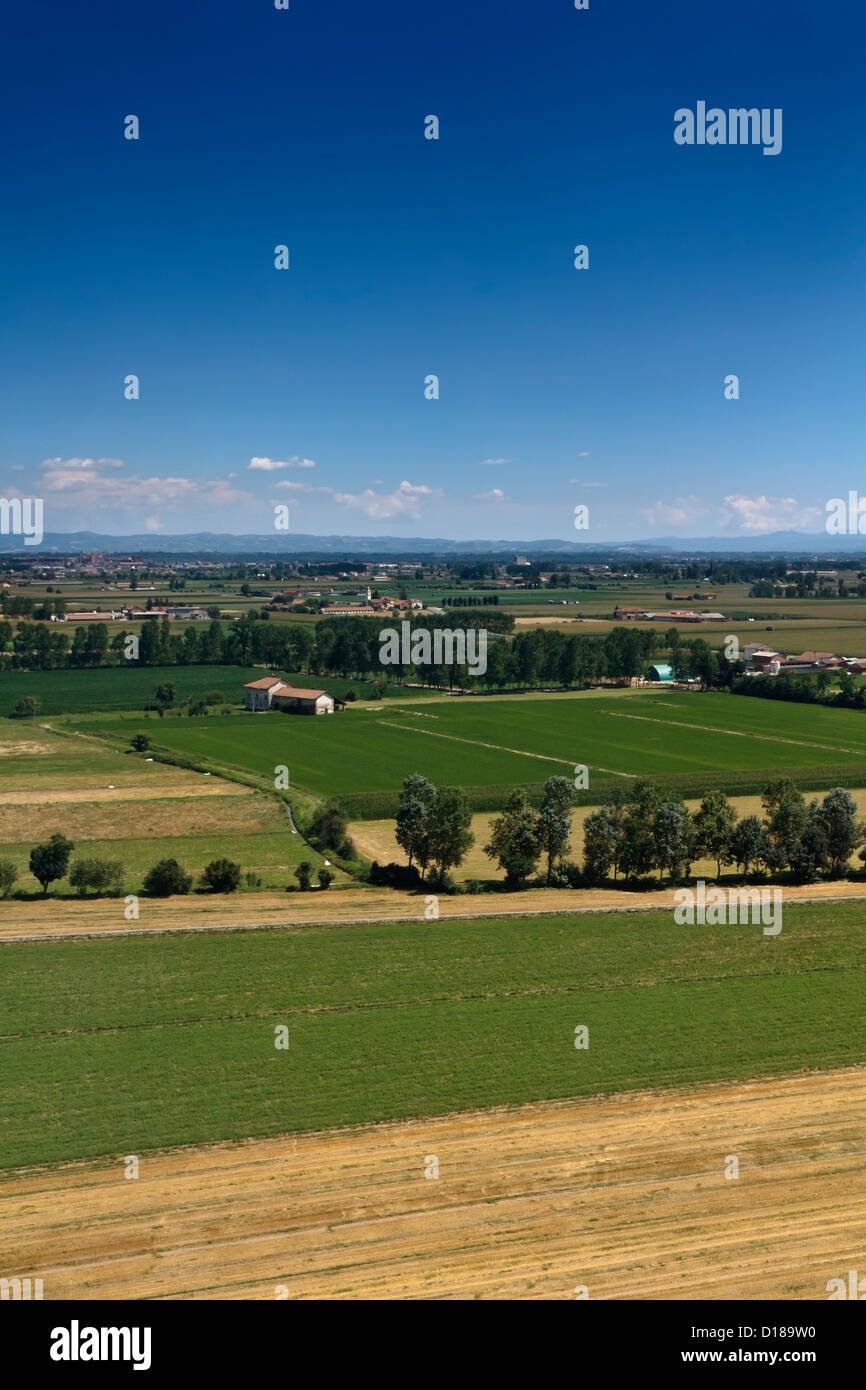 Italy, Piemonte, countryside, aerial view of farmhouses and cultivated ...