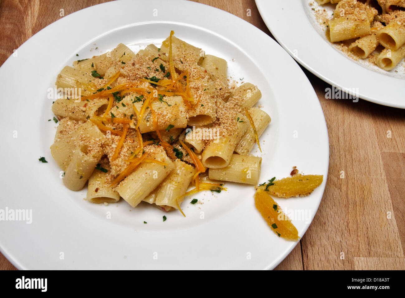 Italy, short pasta (maccheroni) with tuna fish eggs and oranges sauce ...