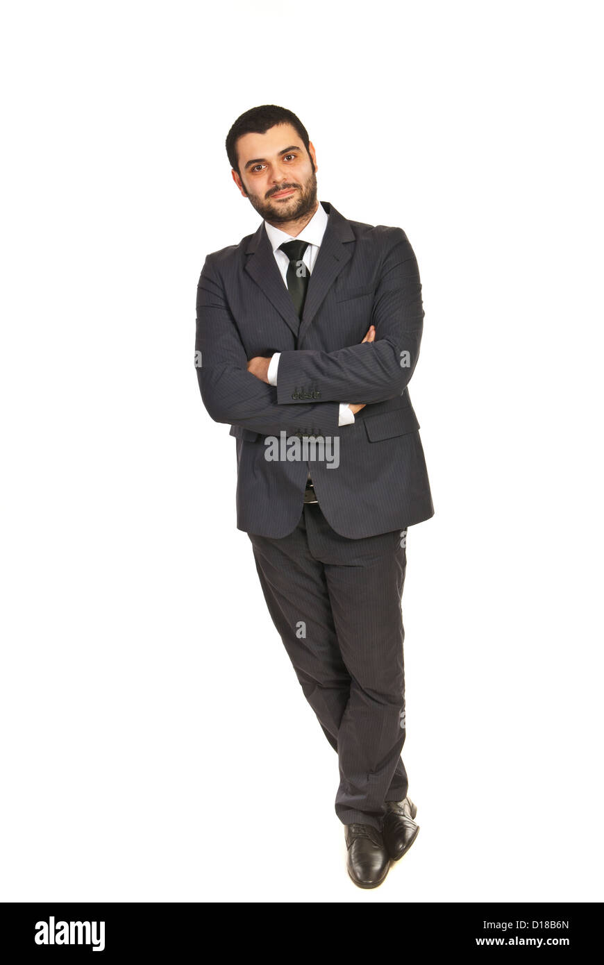 Business man leaning on something imaginary isolated on white ...