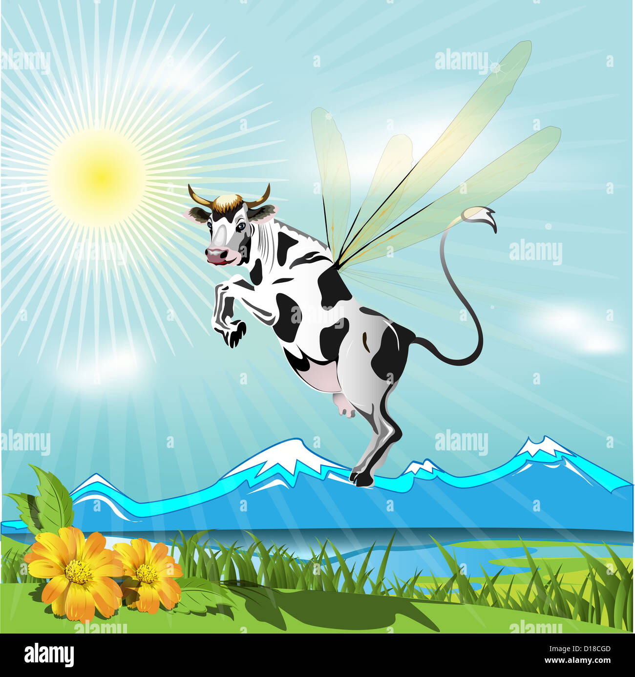 illustration, cow flying on mountain on background sky Stock Photo - Alamy