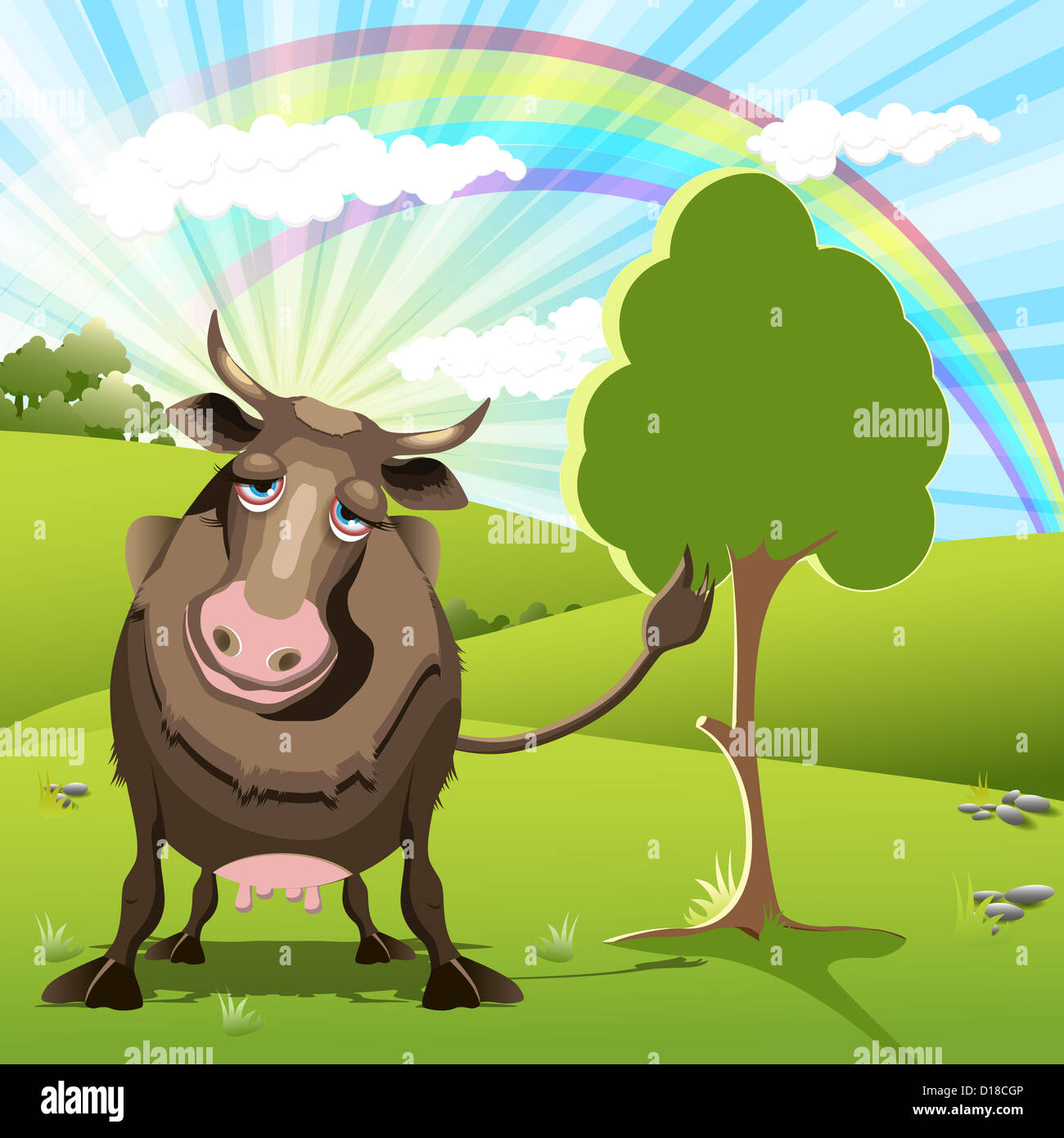 illustration, the sad cow on green landscape Stock Photo - Alamy