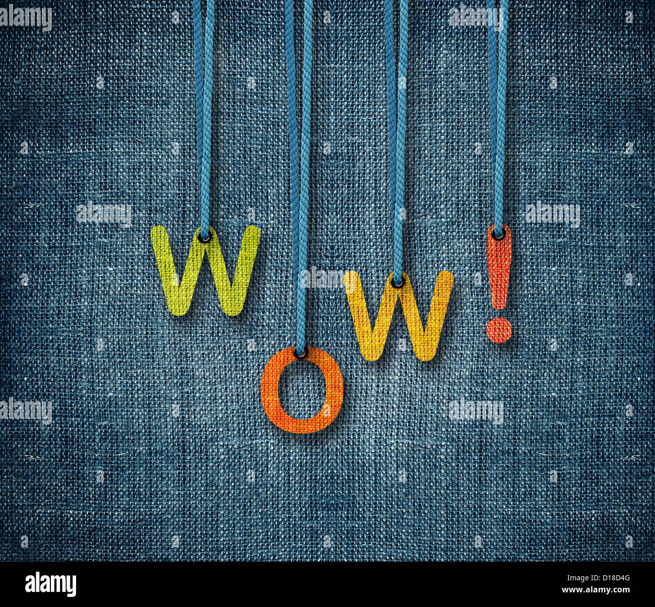 Wow word hanging by rope as puppeteer on sackcloth background Stock ...