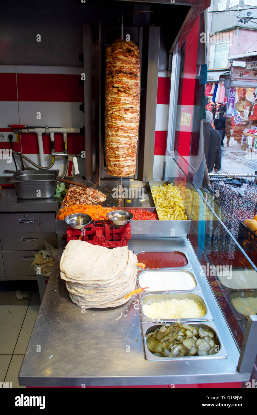 Inside a kebab shop in Istanbul Turkey showing pitta, meat and sauces ...