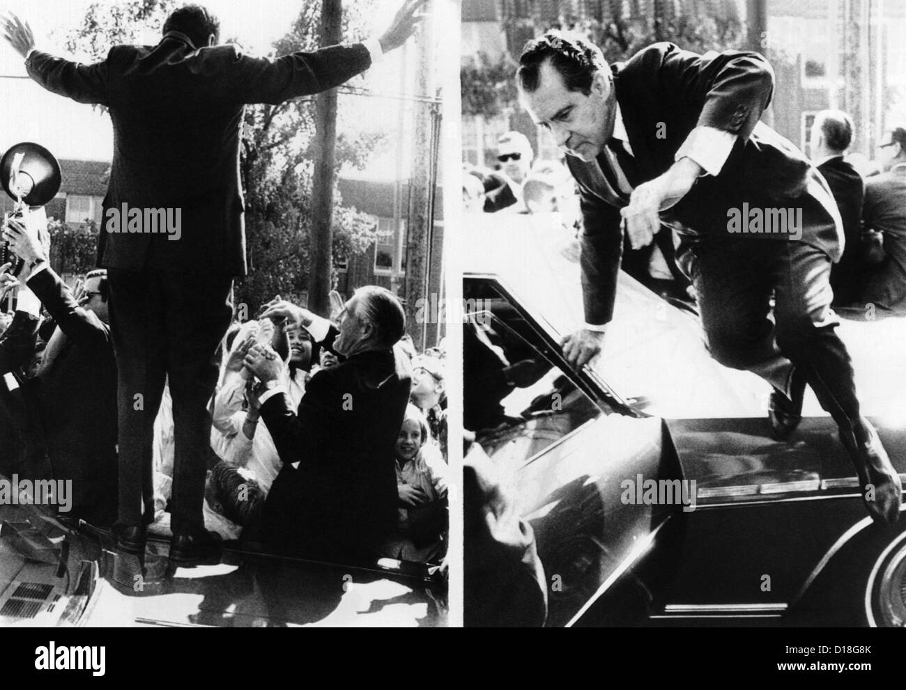 Presidential candidate Richard Nixon, standing on a car with raised his ...