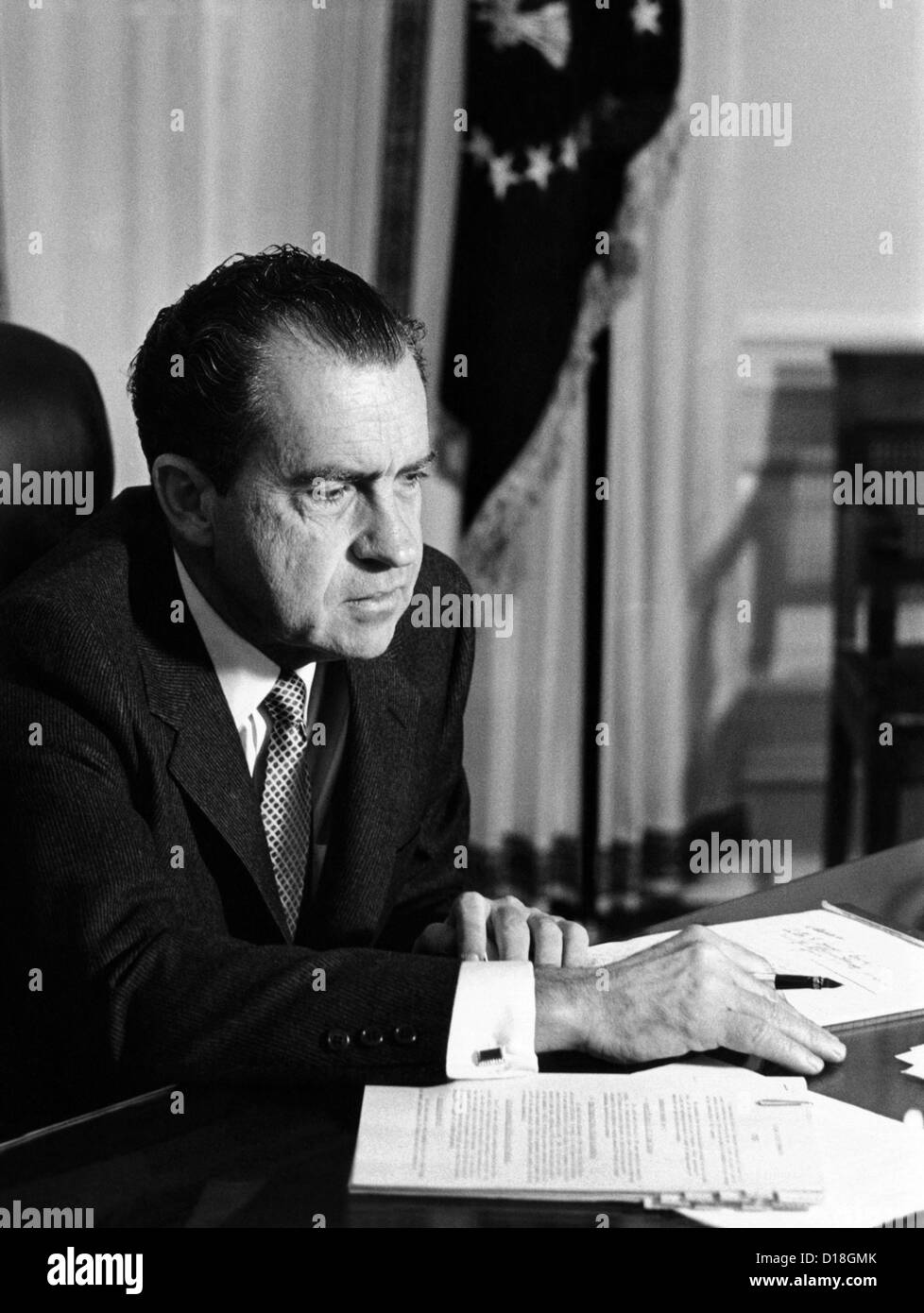 President Richard Nixon at his Oval Office desk on his first day as ...