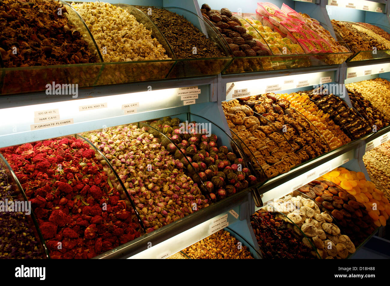 Colourful sweets, Turkish delight and dried fruits on display for sale ...