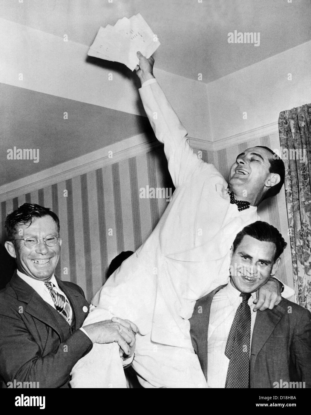 Congressman Lyndon Johnson is boosted to the shoulders of campaign ...