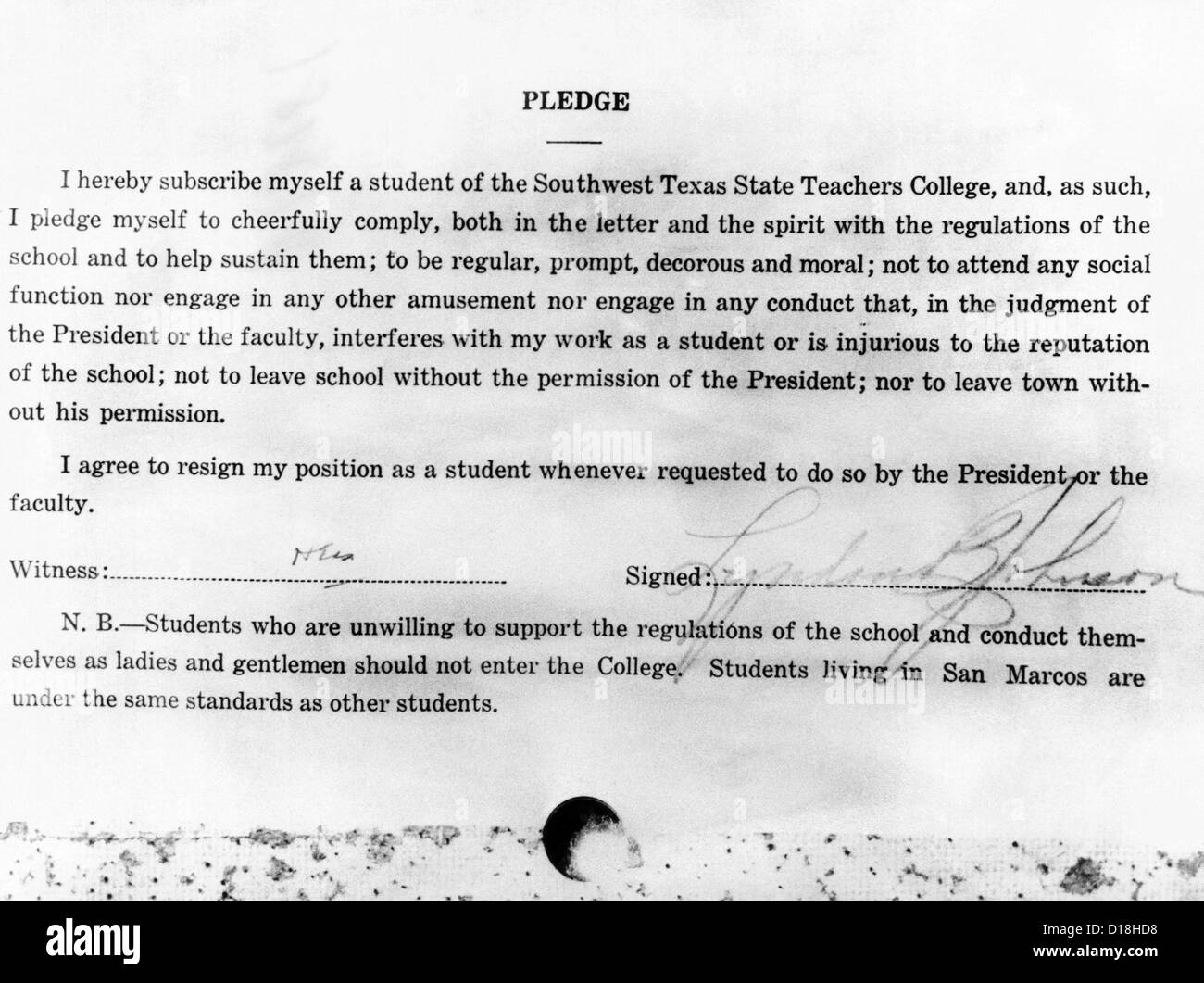 Pledge of good conduct signed by Lyndon Johnson when he entered ...