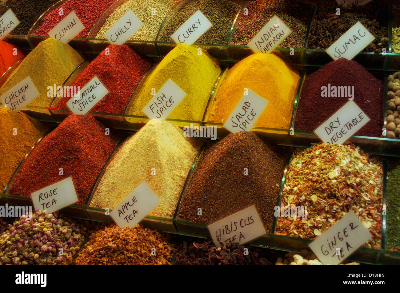 Colourful herbs and spices on display for sale at the Grand Bazaar in ...