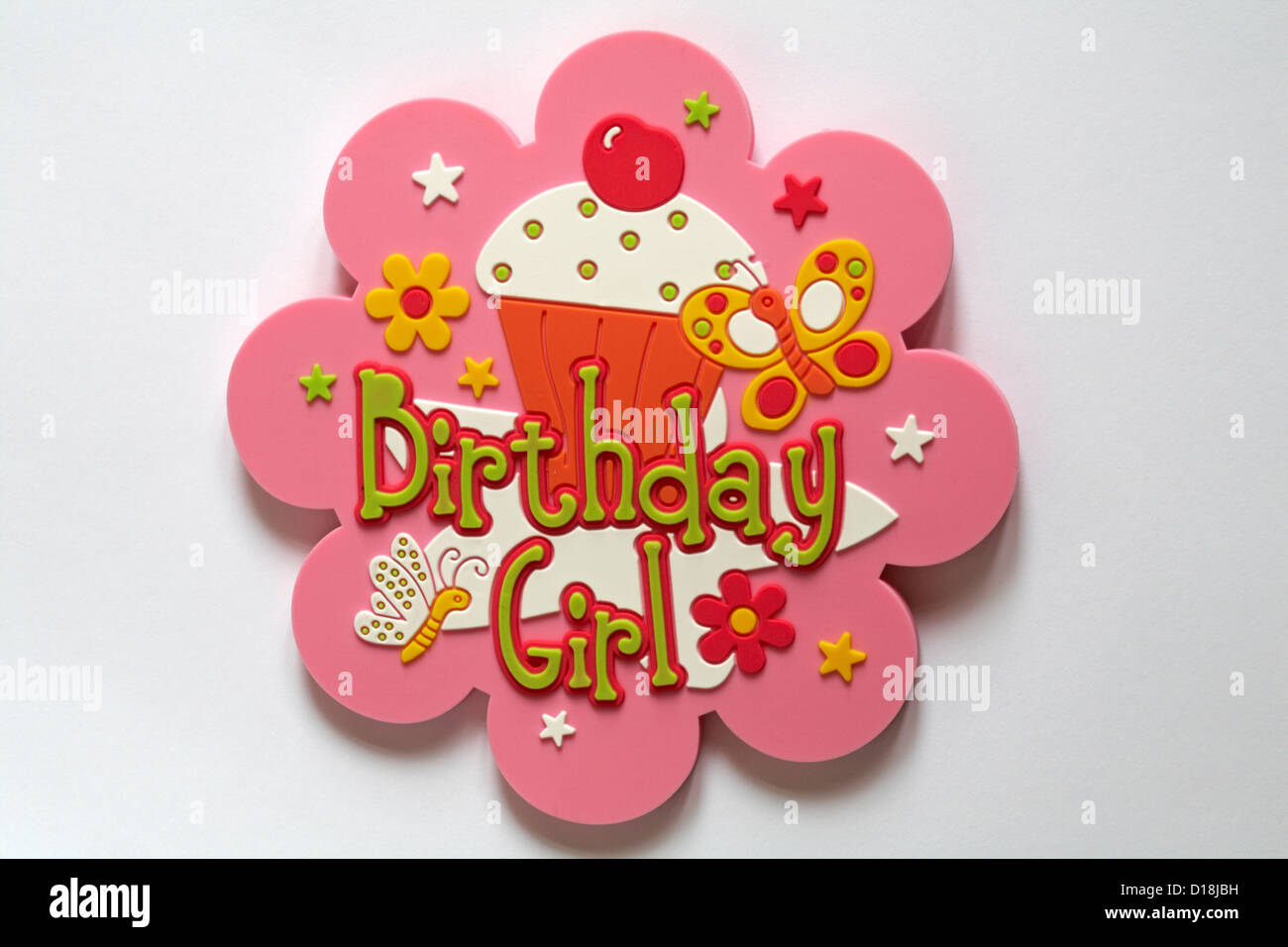Pink birthday girl pin badge isolated on white background Stock Photo ...