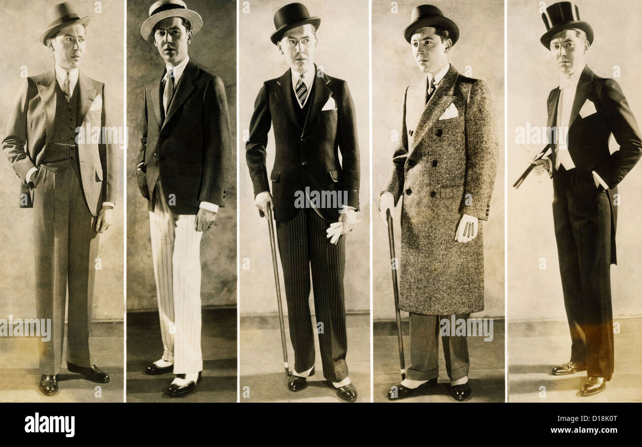 The well dressed man's wardrobe in 1929. L-R: Business suit, Sporting ...