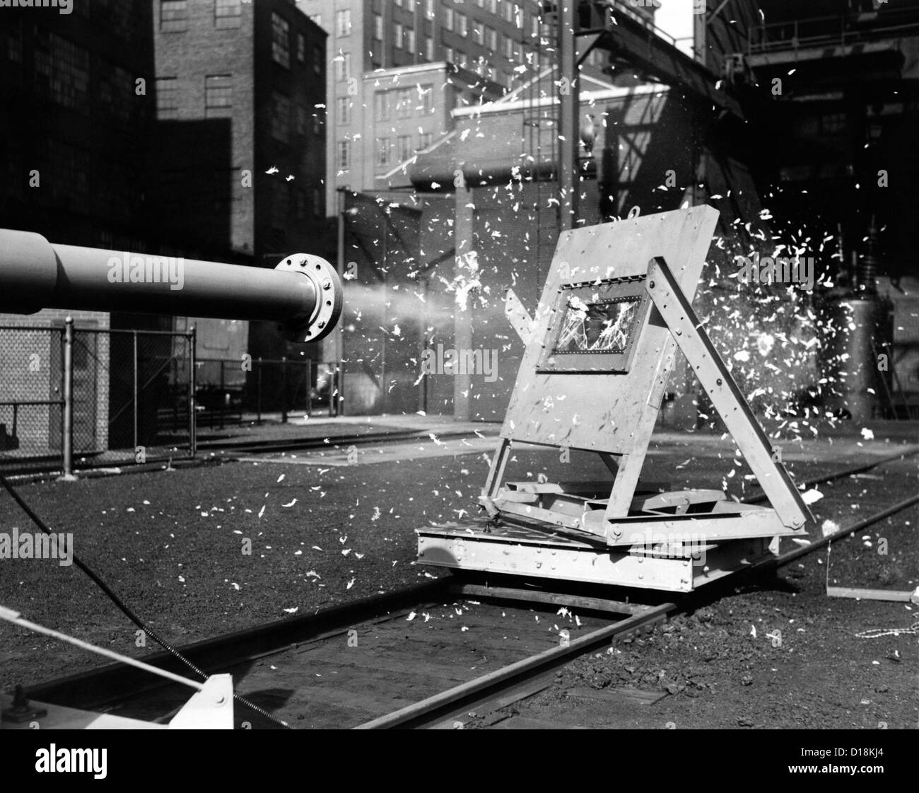 A test simulates the impact of a bird smashing into a standard airplane ...