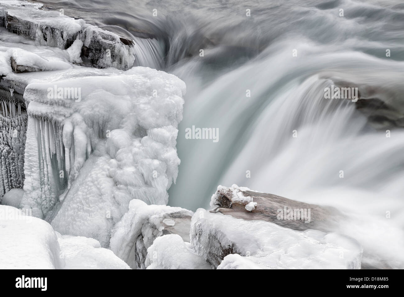 A frozen Athabasca Falls in Canada's Jasper National park Stock Photo ...