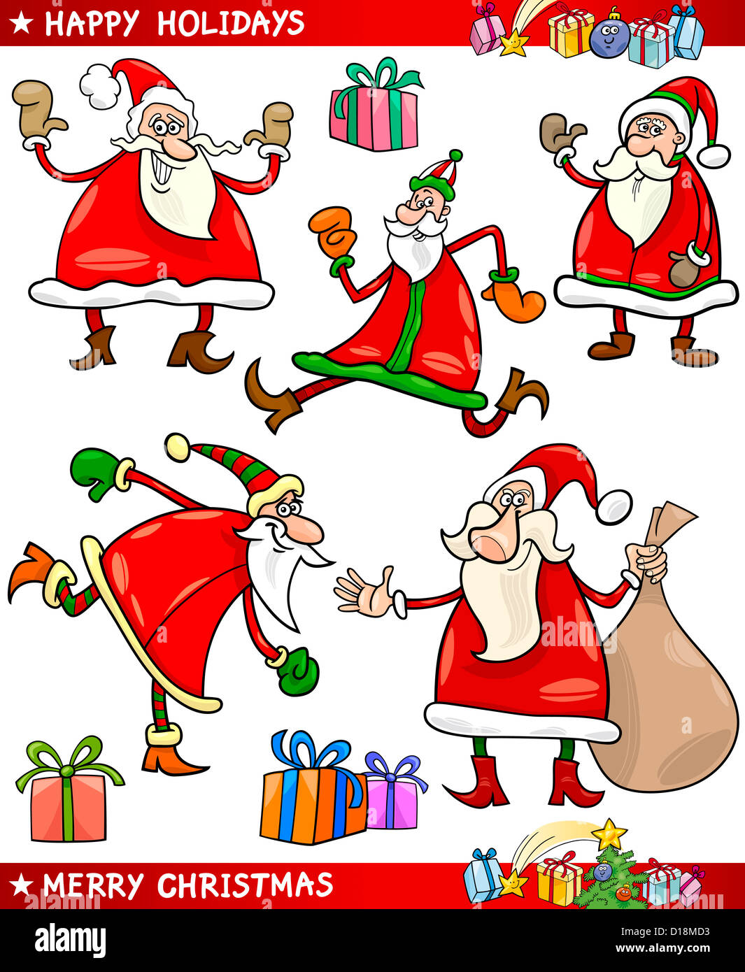 Cartoon Illustration of Santa Claus or Papa Noel, Presents, Gifts and ...