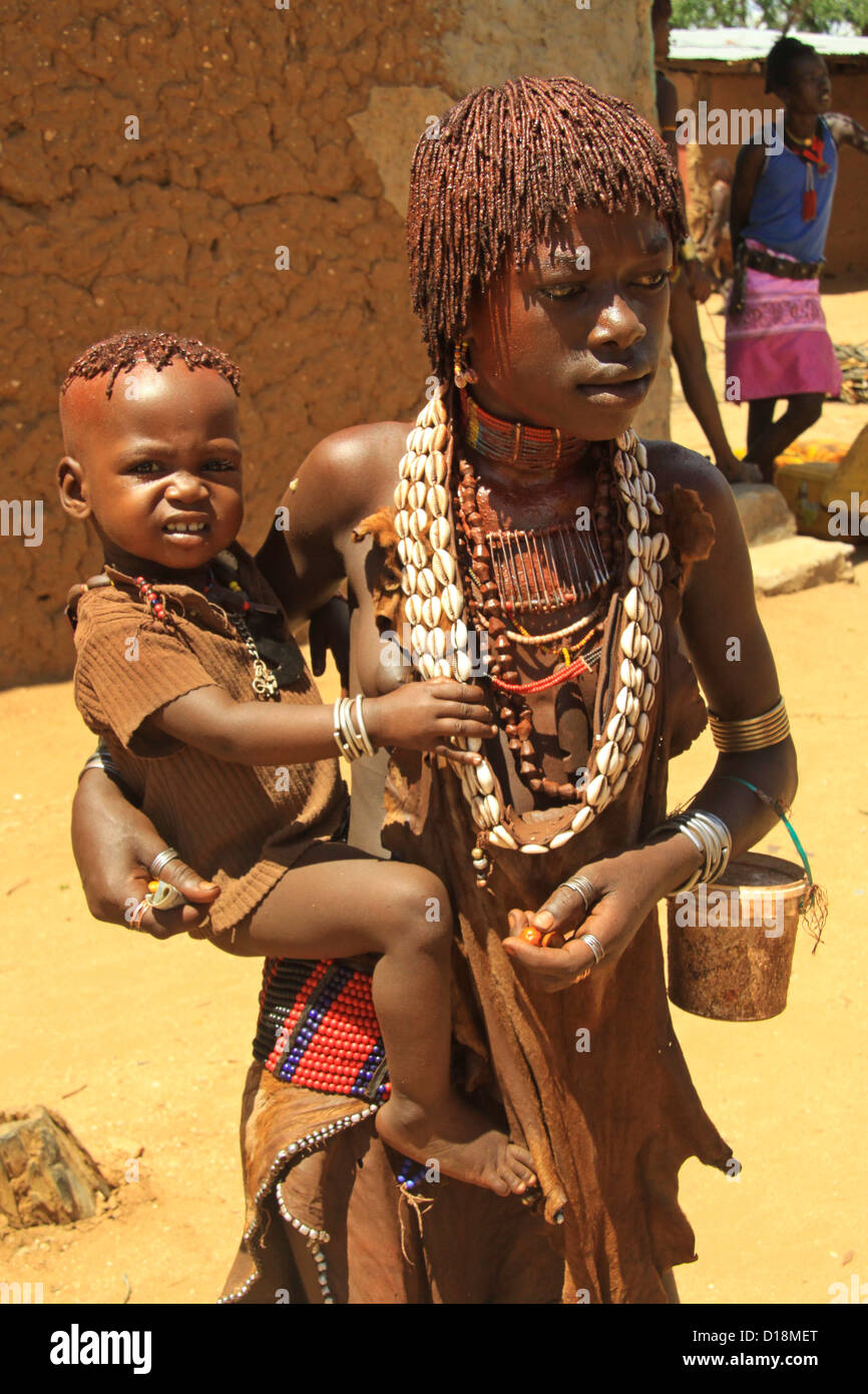 Africa, Ethiopia, Omo River Valley Hamer Tribe The hair is coated with ...