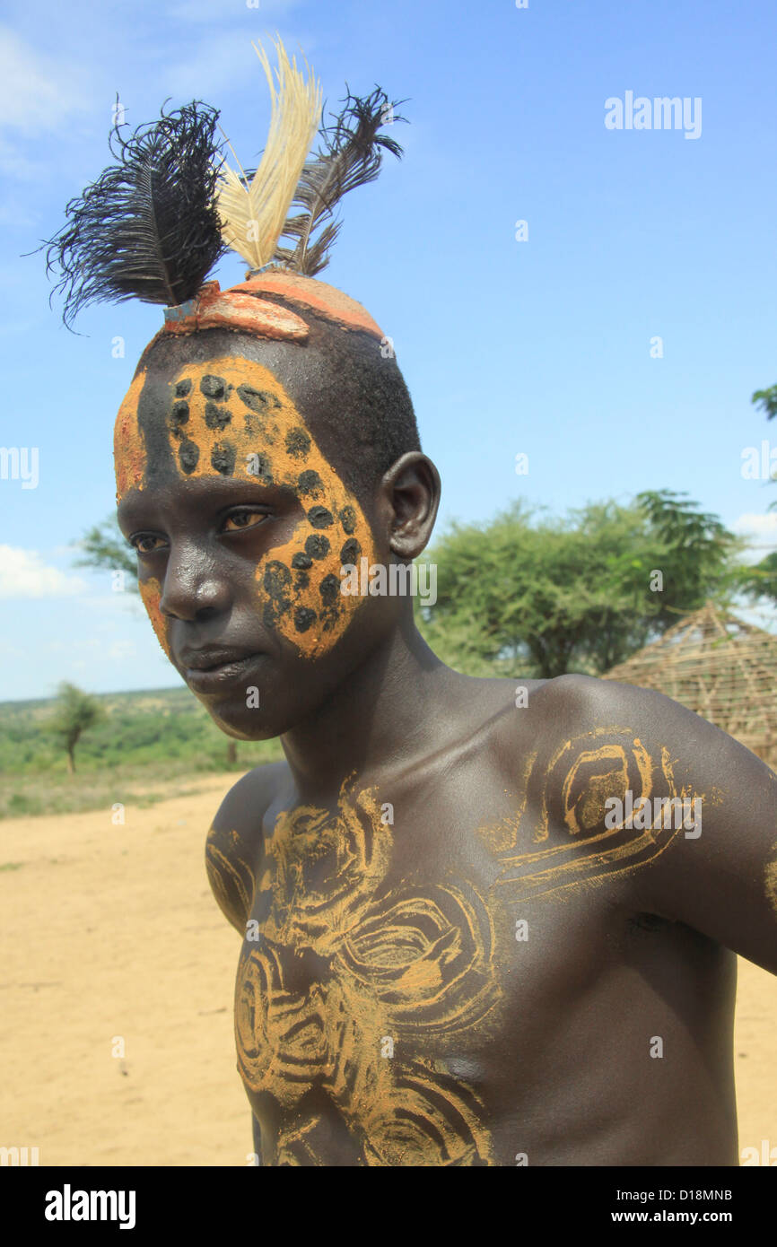Africa, Ethiopia, Omo Valley, Konso tribe man in front of his thatch ...