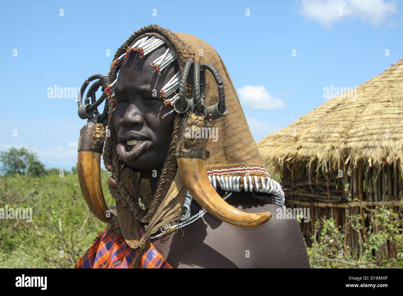 Africa, Ethiopia, Debub Omo Zone, Mursi Woman with clay lip disc as ...
