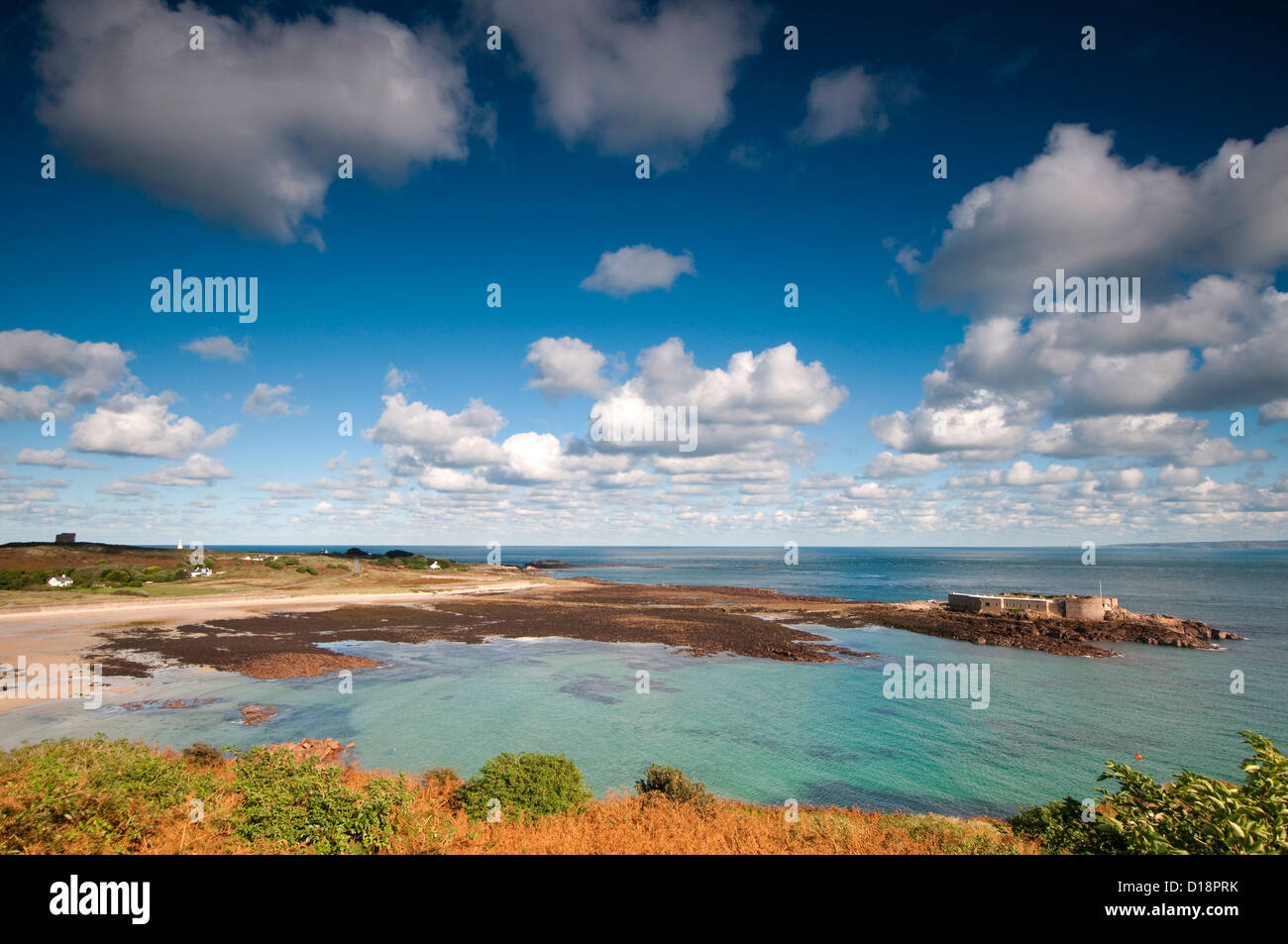A view over Longis Bay and Fort Raz on Alderney, Channel Islands Stock ...