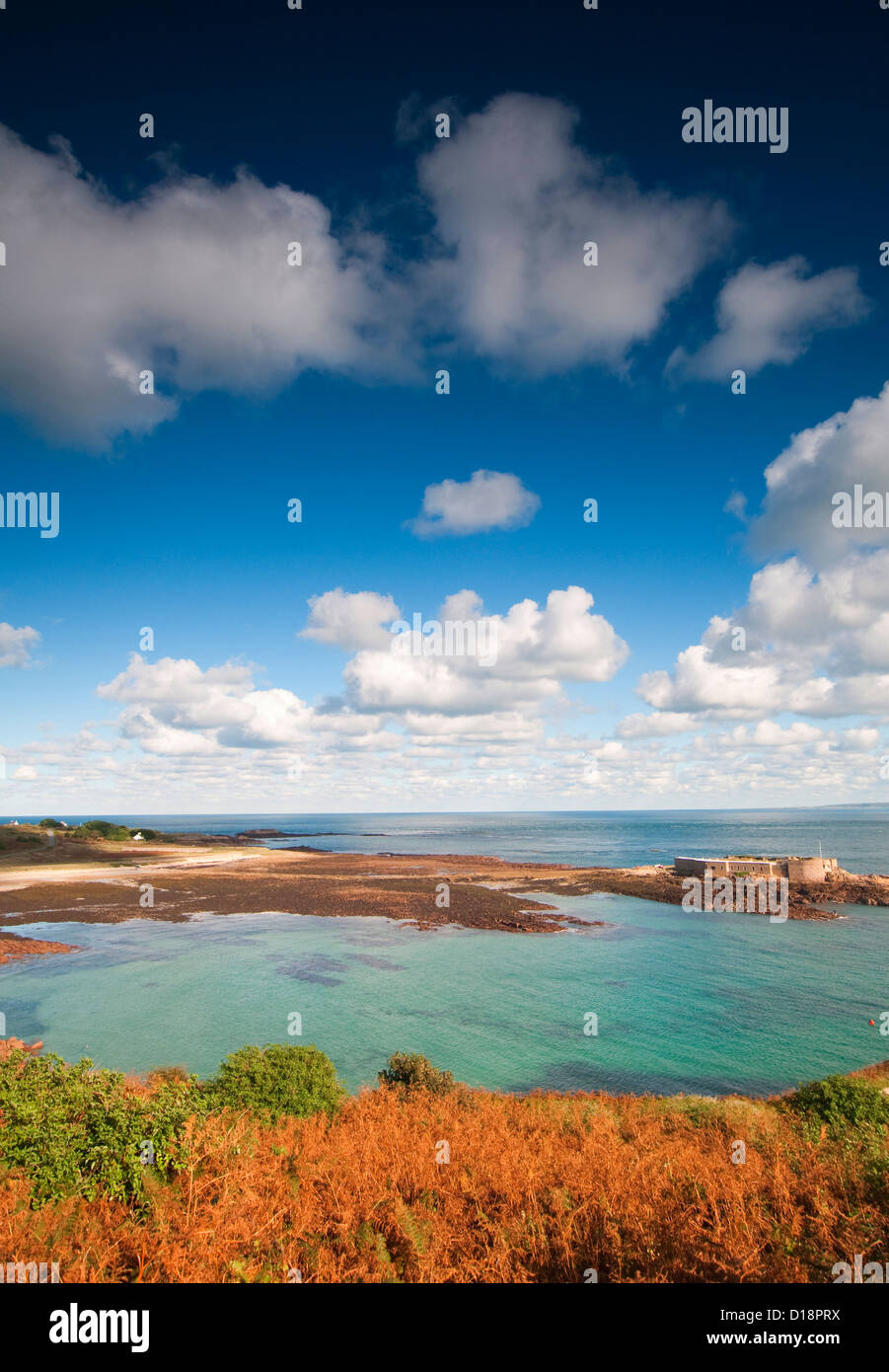 A view over Longis Bay and Fort Raz on Alderney, Channel Islands Stock ...