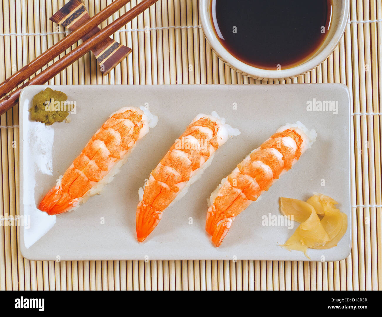 Platter of sushi prawn plate with chopsticks, soya sauce Stock Photo ...