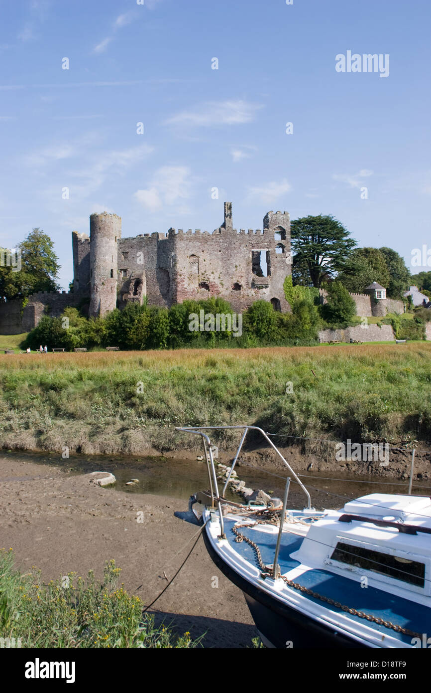 Laugharne Castle (Cadw) from salt marshes Carmarthenshire Wales UK ...