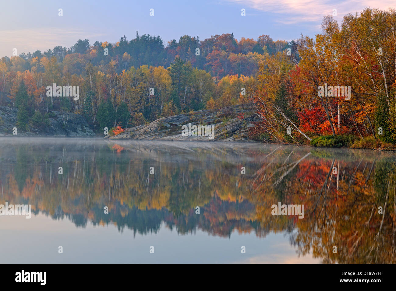 Simon Lake with morning fog and autumn reflections, Greater Sudbury ...