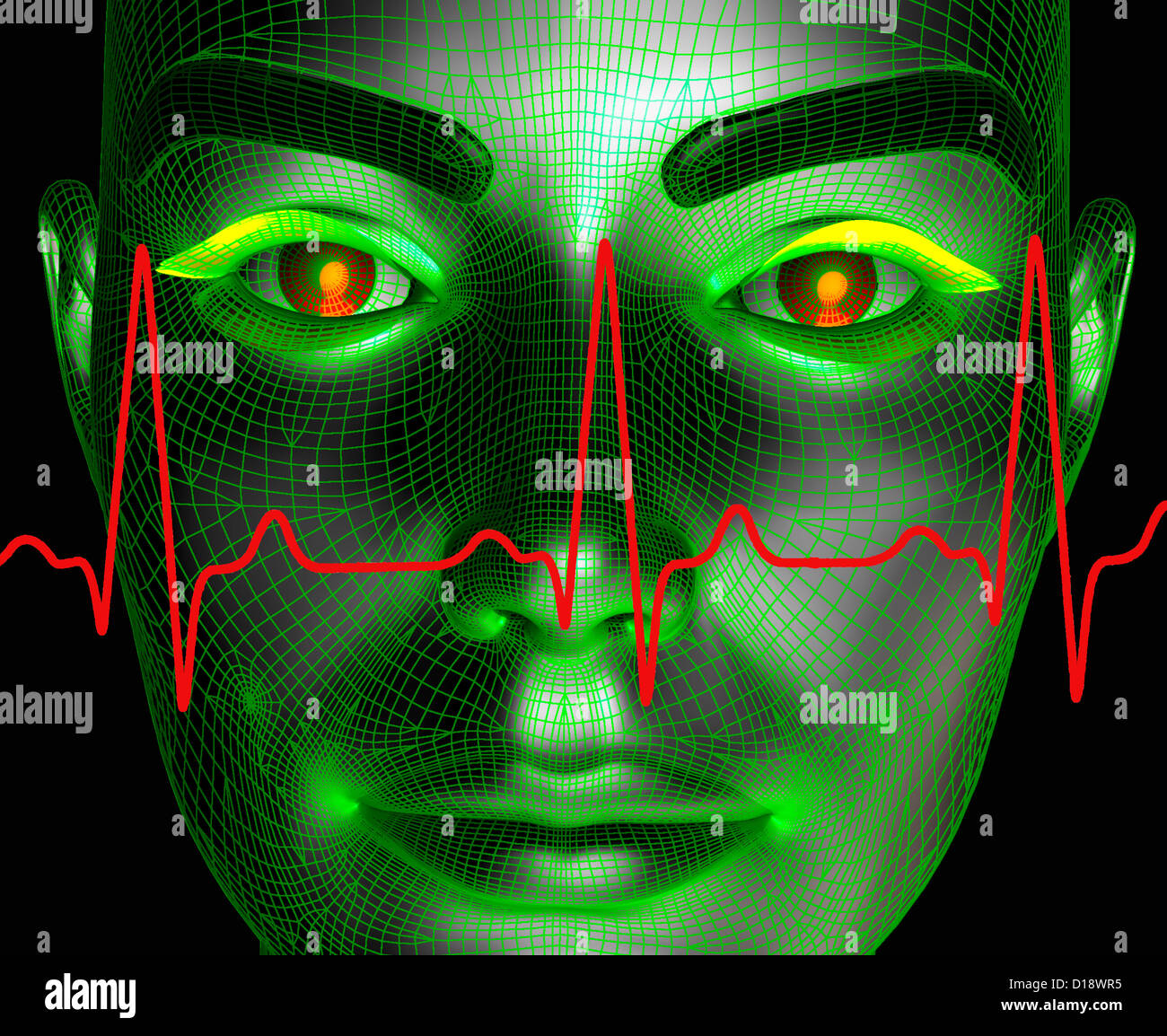 computer generated robot face with wire frame texture and EKG ...