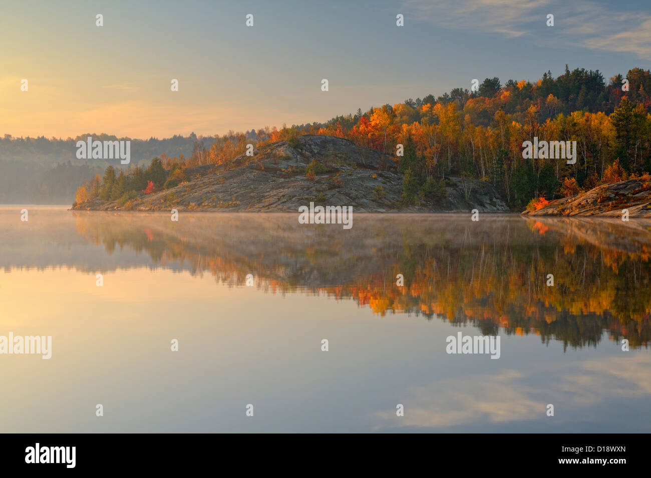 Simon Lake with morning fog and autumn reflections, Greater Sudbury ...