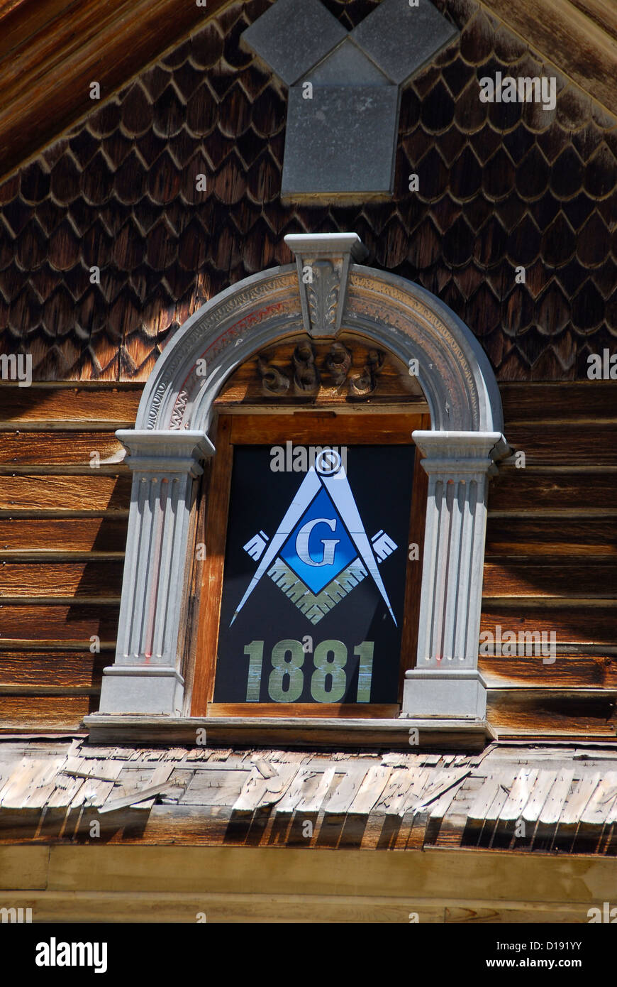 Detail of the exterior of the Masonic Hall in the historic mining town ...