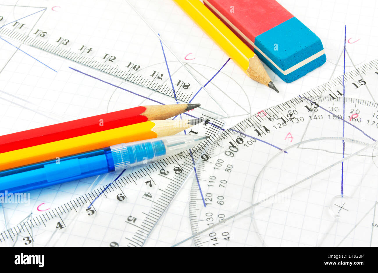 Geometry equipment for children in school Stock Photo - Alamy