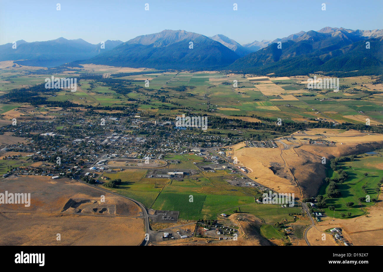 Aerial view of the town of Enterprise and the Wallowa Mountains, Oregon ...