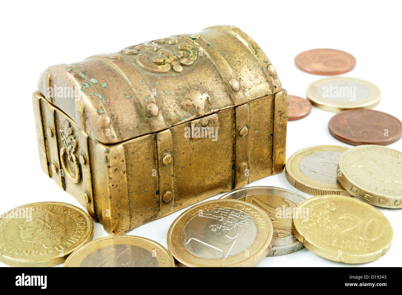 Brass money box and cash Stock Photo - Alamy