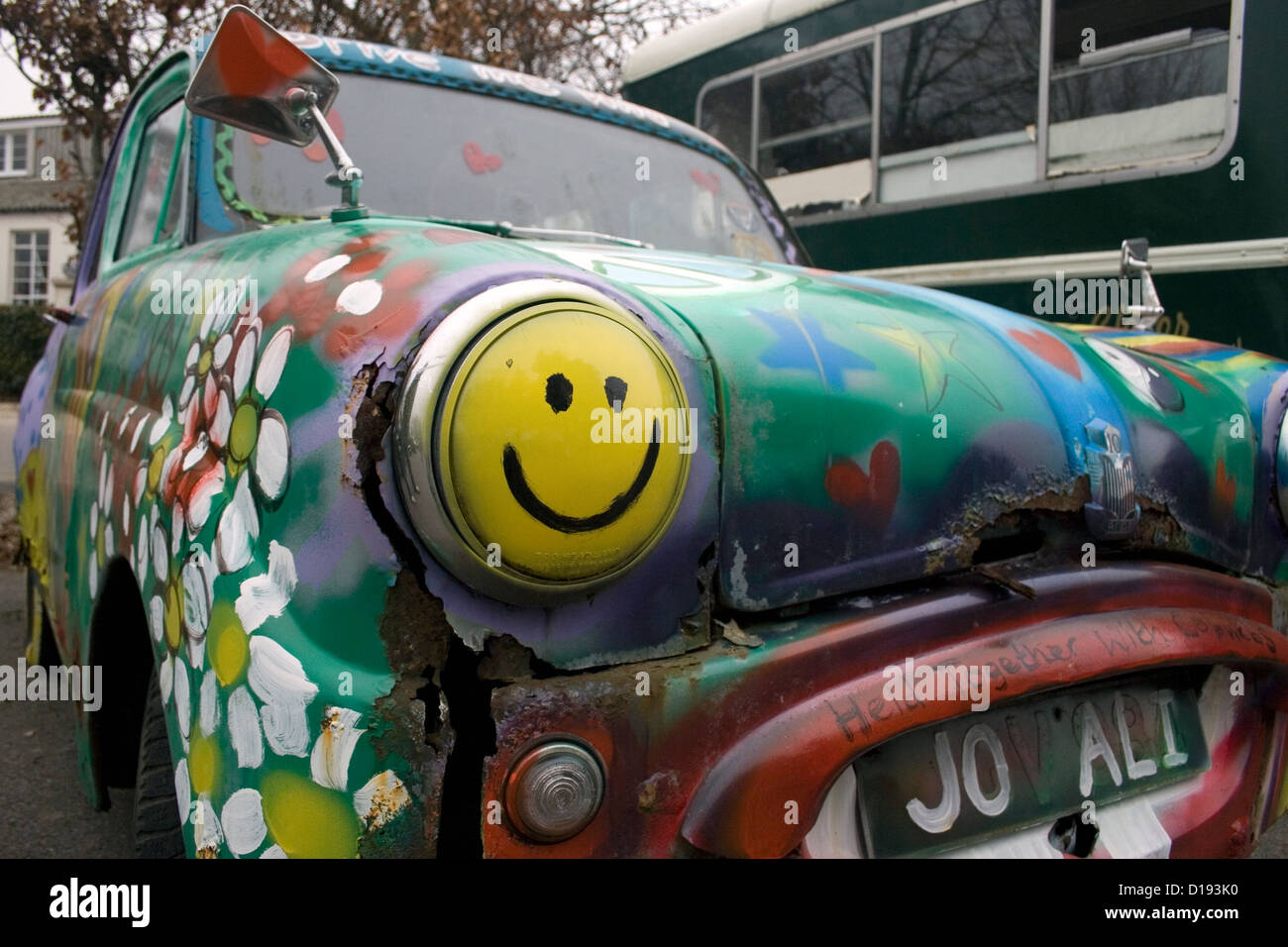 The front of a multi coloured hippie car at a car show Stock Photo - Alamy