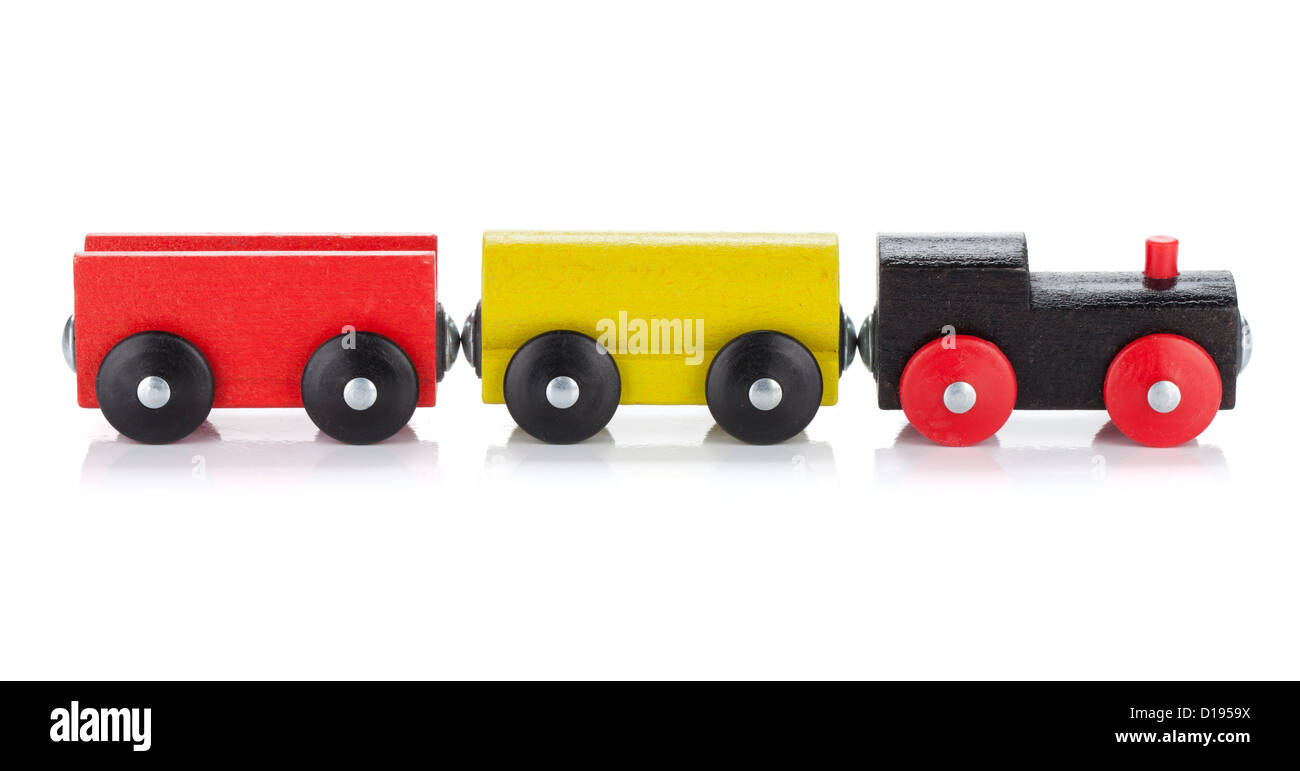 Wooden toy colored train. Isolated on white background Stock Photo - Alamy