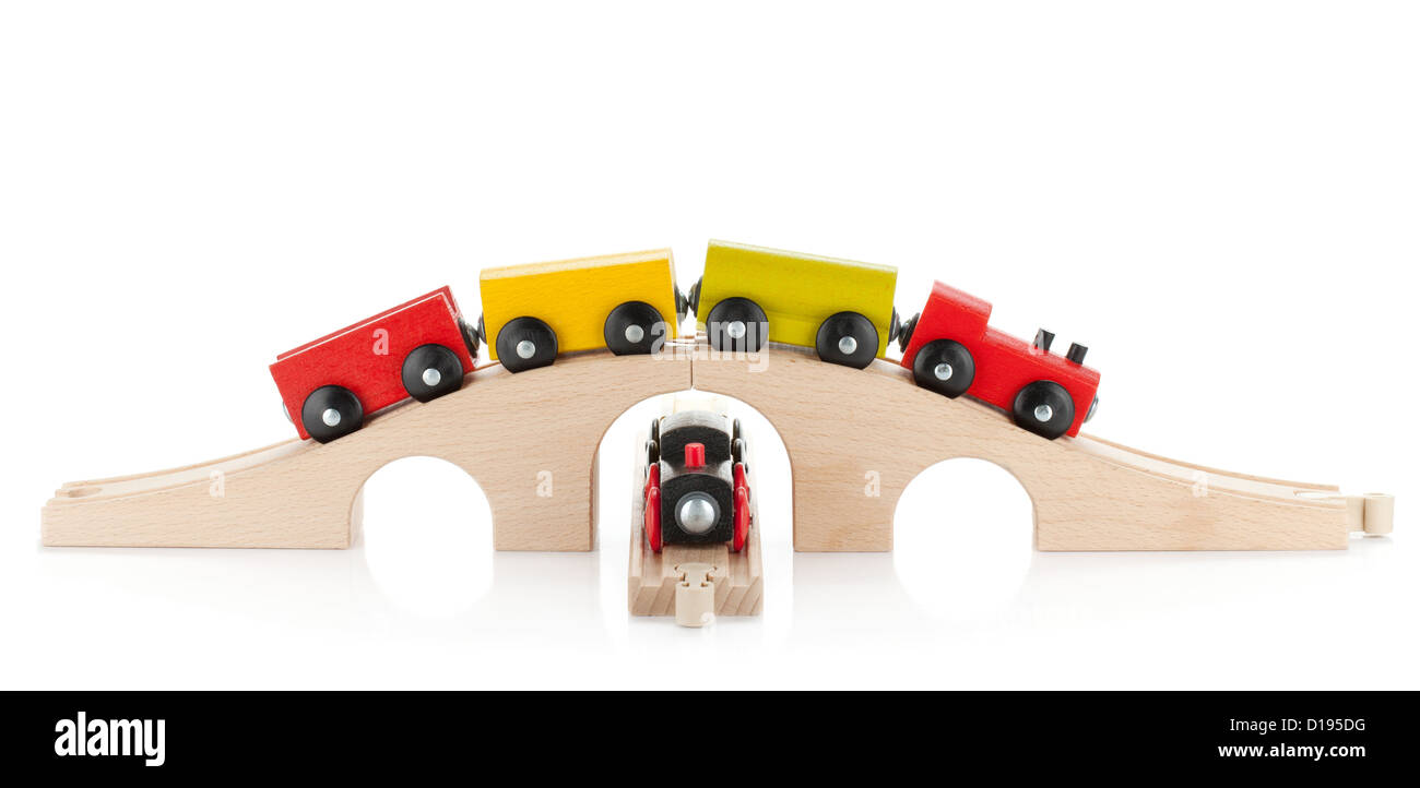 Wooden toy trains. Isolated on white background Stock Photo - Alamy
