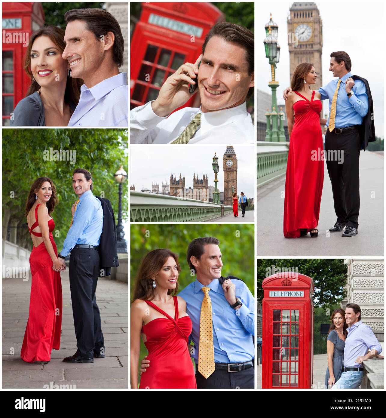 Montage of romantic man and woman couple on vacation seeing the sights ...
