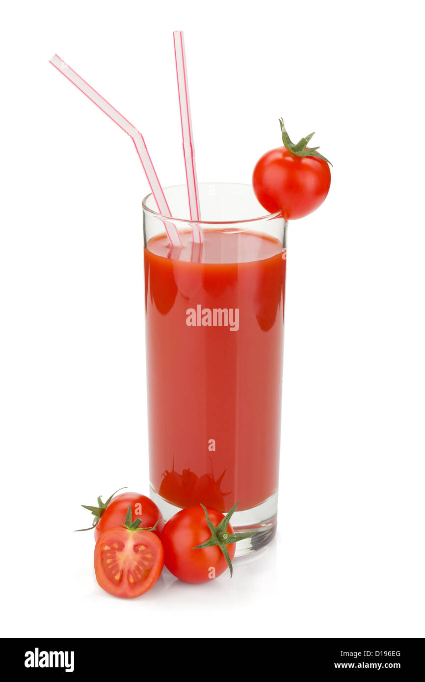 Tomato juice in a glass and cherry tomatoes. Isolated on white ...