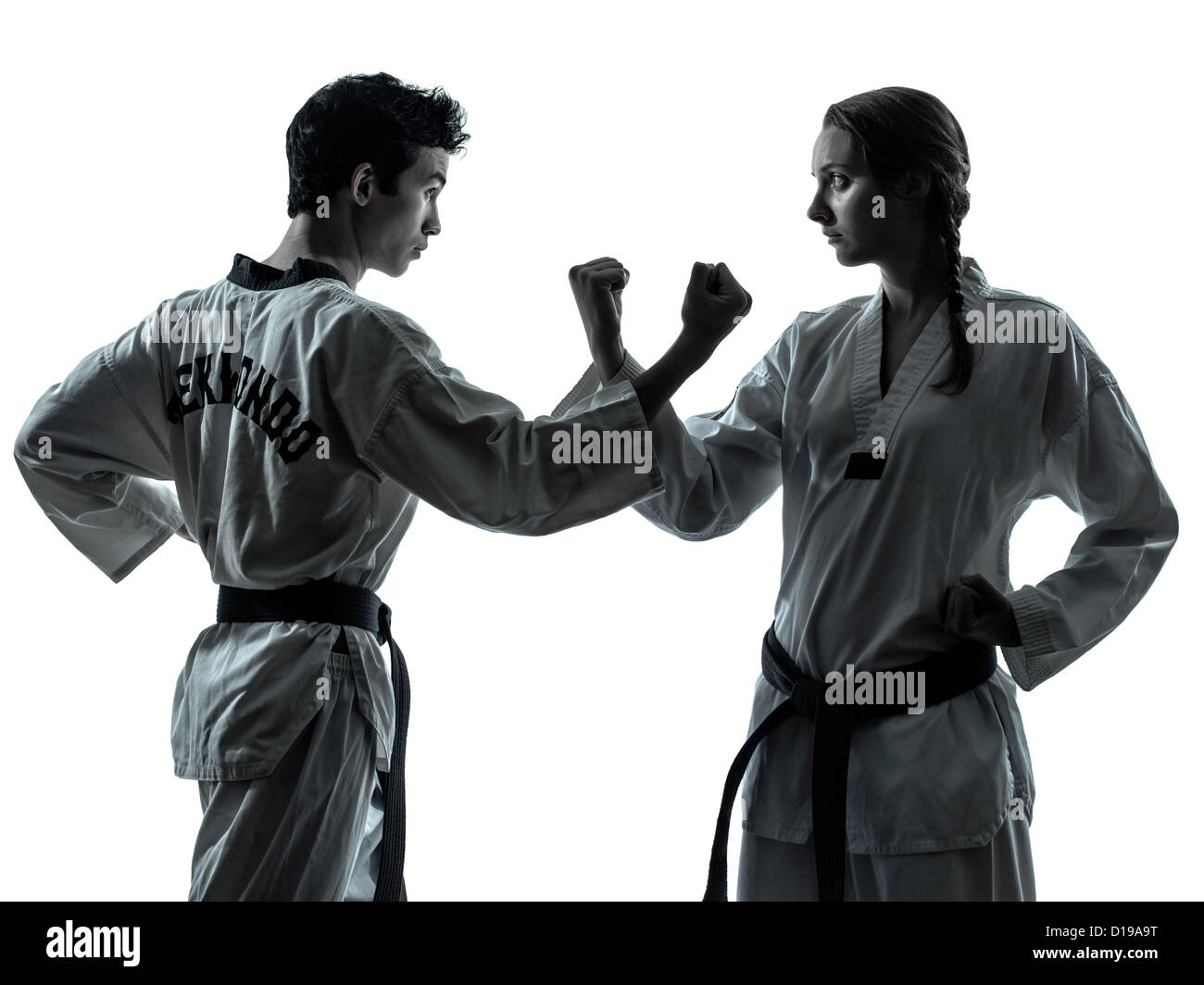 one couple man woman couple exercising karate taekwondo martial arts in ...