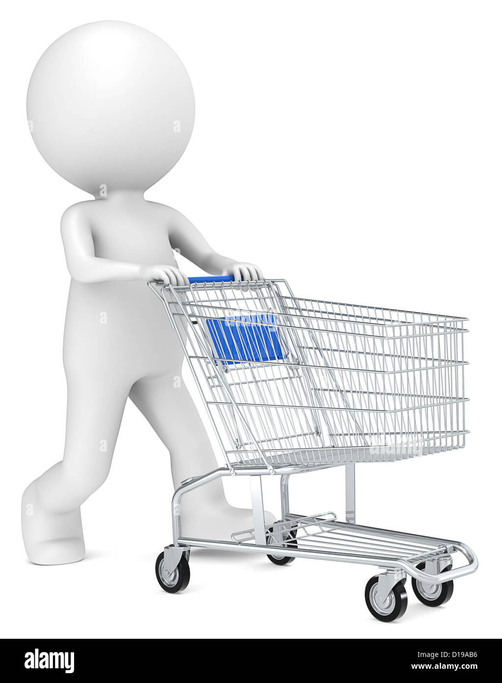 3D little human character with pushing a Shopping Trolley. Blue side ...