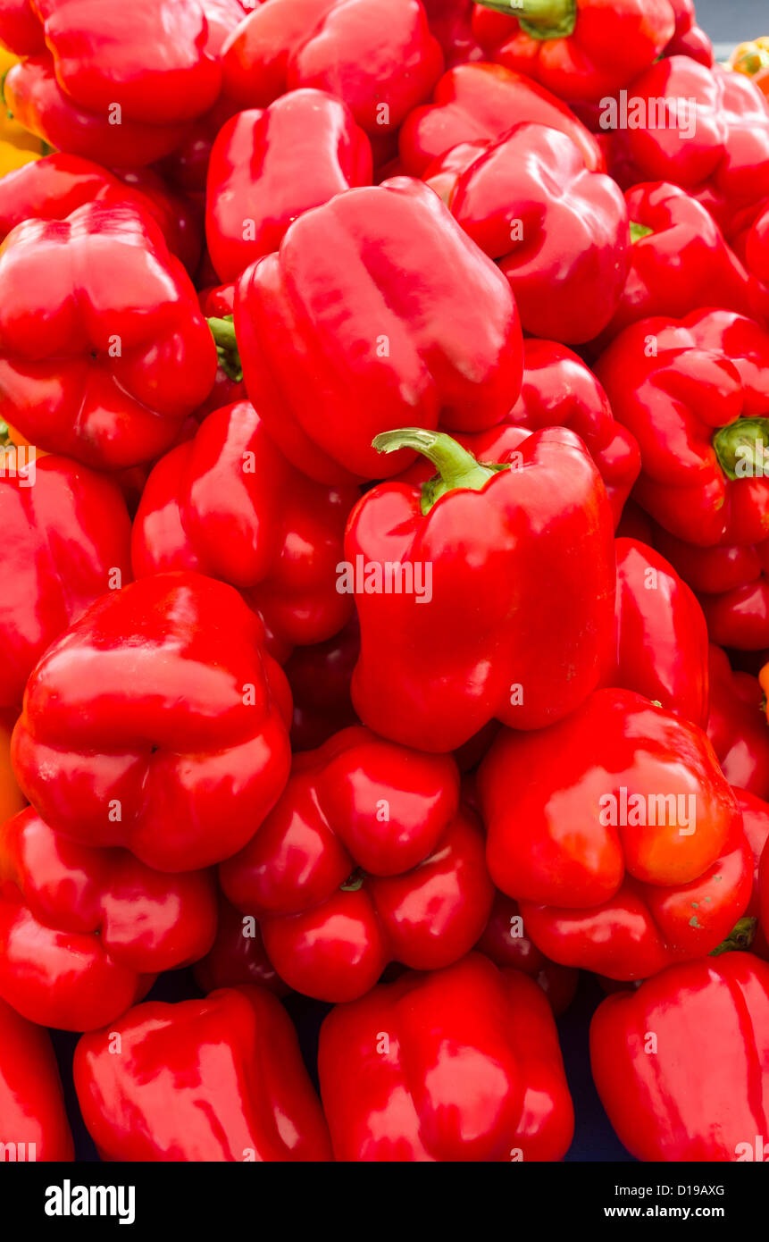 Fresh red sweet bell peppers on display at the market Stock Photo - Alamy